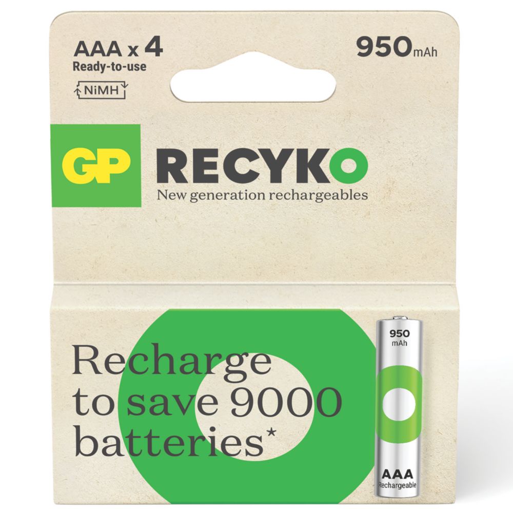 GP Batteries Recyko Rechargeable AAA 1.2V Ni-MH Batteries 4 Pack - Screwfix