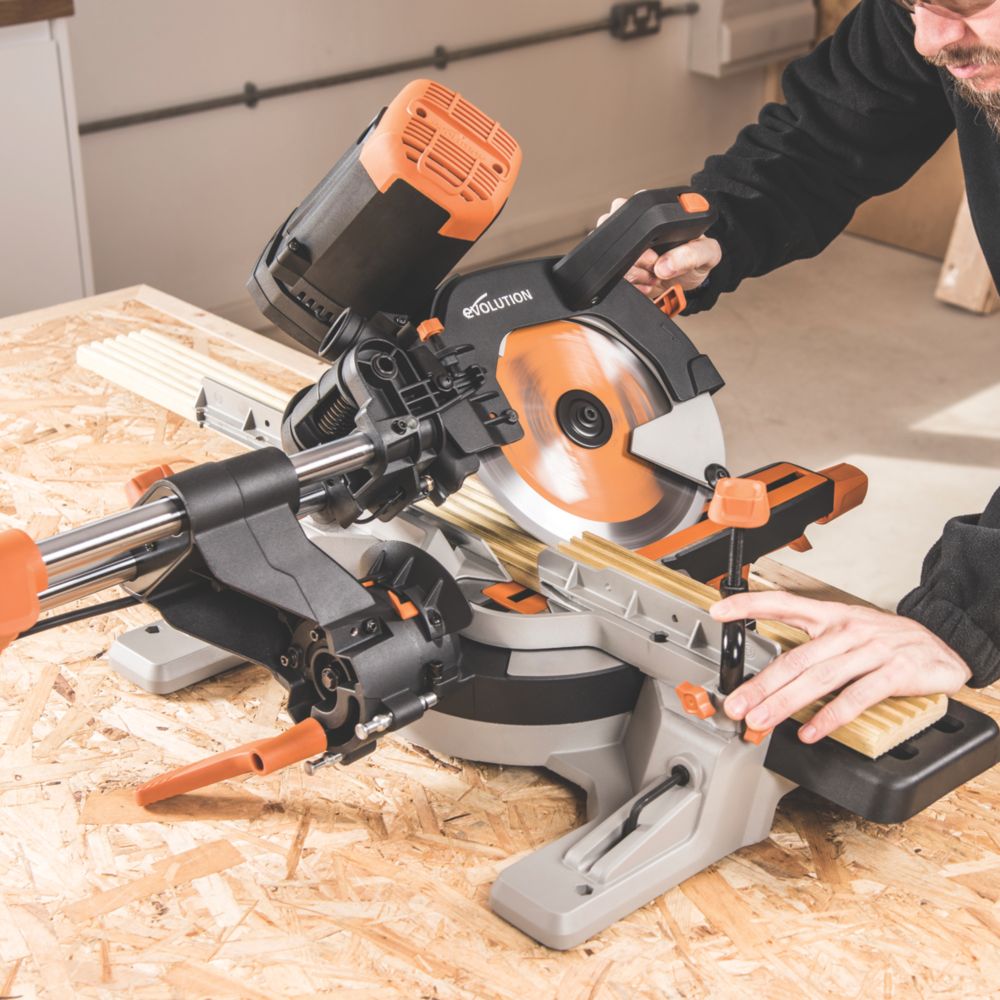 Evolution R255SMS DB 255mm Electric Double Bevel Sliding Multi Material Mitre Saw 220 240V Screwfix