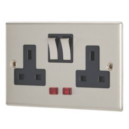 Contactum Iconic 13A 2-Gang DP Switched Socket Outlet Brushed Steel with Neon with Black Inserts ...