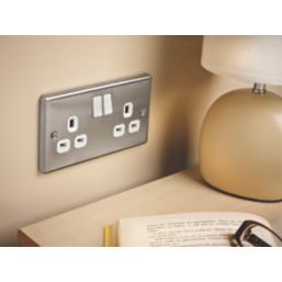 LAP 13A 2-Gang SP Switched Plug Sockets Brushed Stainless Steel with ...