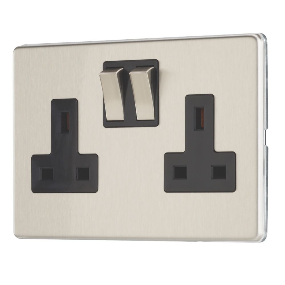 Contactum Lyric 13A 2-Gang DP Switched Socket Outlet Brushed Steel with Black Inserts - Screwfix