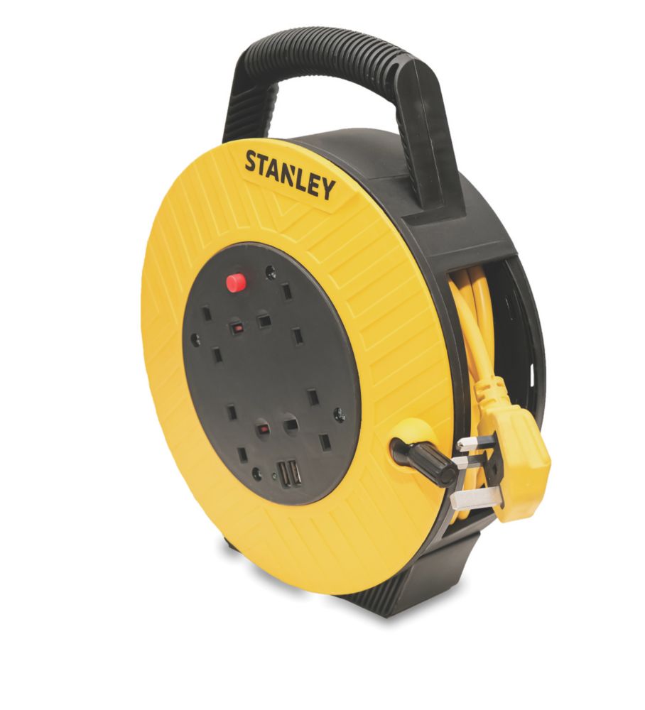 Stanley 13A 4-Gang 15m Cable Reel + 2.1A 2-Outlet Type A USB Charger ...