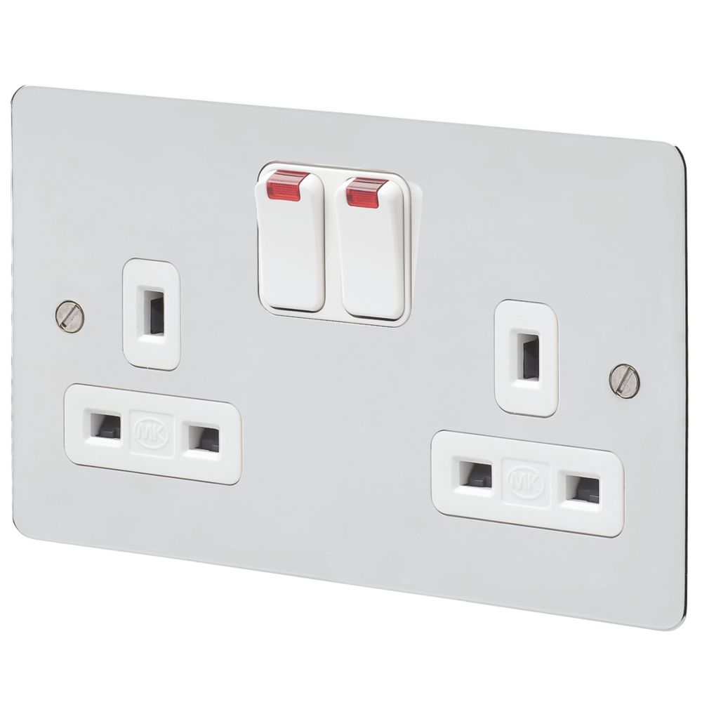 MK Edge 13A 2-Gang DP Switched Plug Socket Polished Chrome with Neon ...