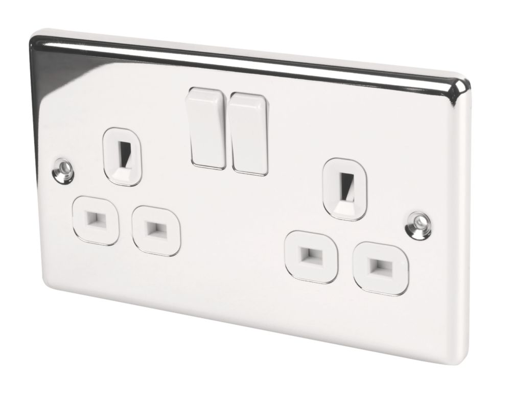 LAP 13A 2-Gang SP Switched Plug Socket Polished Chrome with White ...