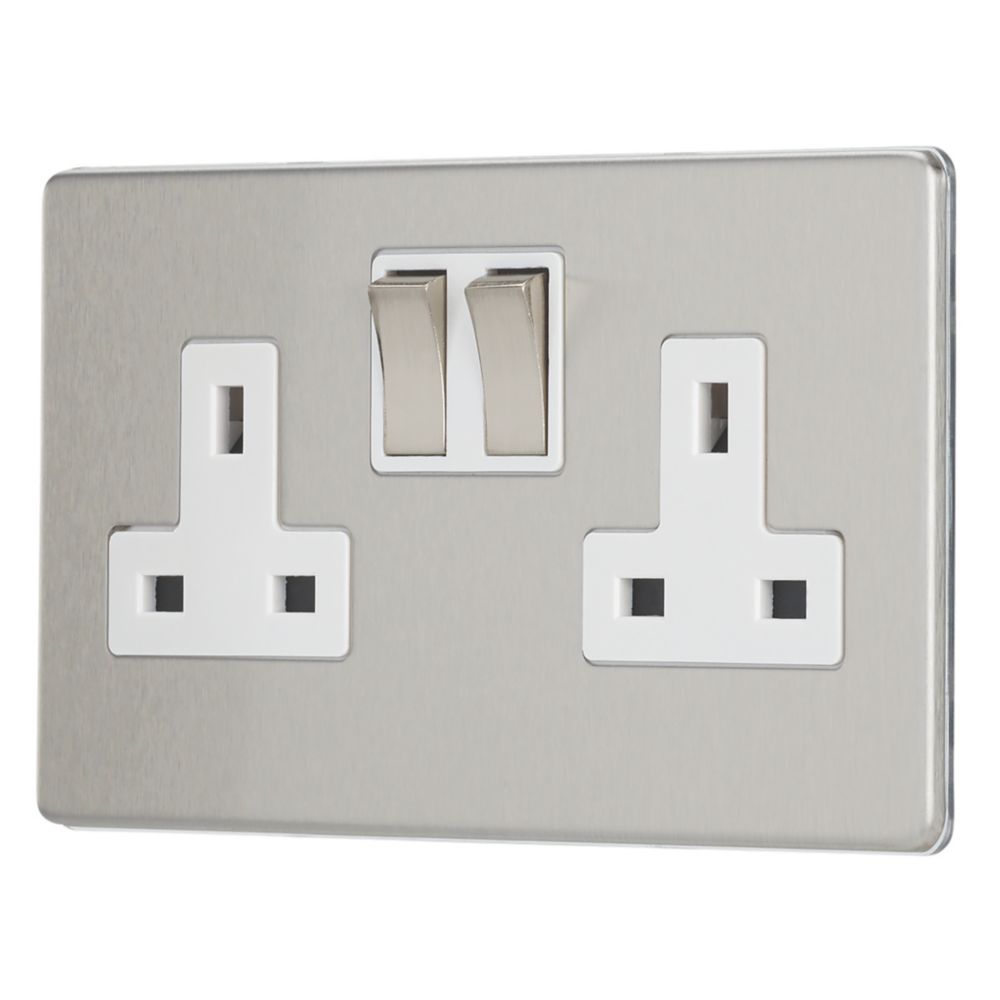 Contactum Lyric 13A 2-Gang DP Switched Socket Outlet Brushed Steel with ...