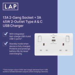 LAP 13A 2-Gang SP Switched Socket + 3A 45W 2-Outlet Type A & C USB ...