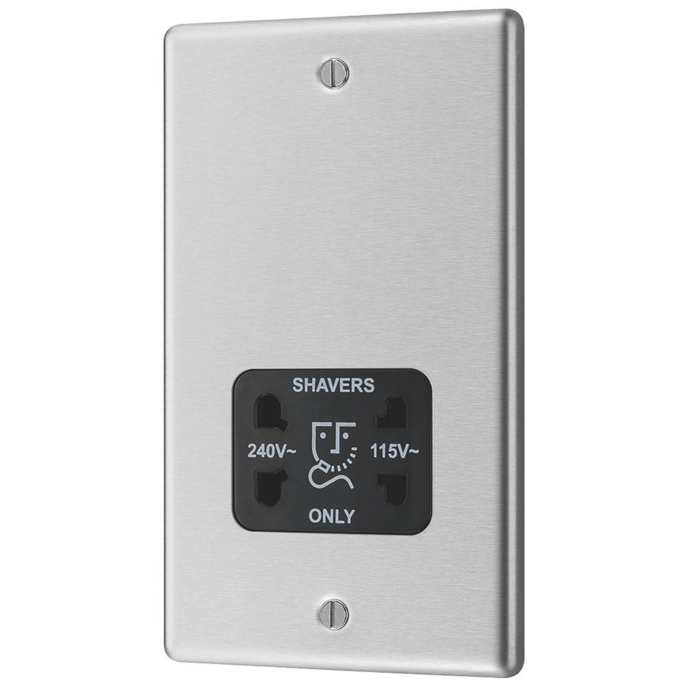 LAP 2-Gang Dual Voltage Shaver Socket 115 / 230V Brushed Stainless ...