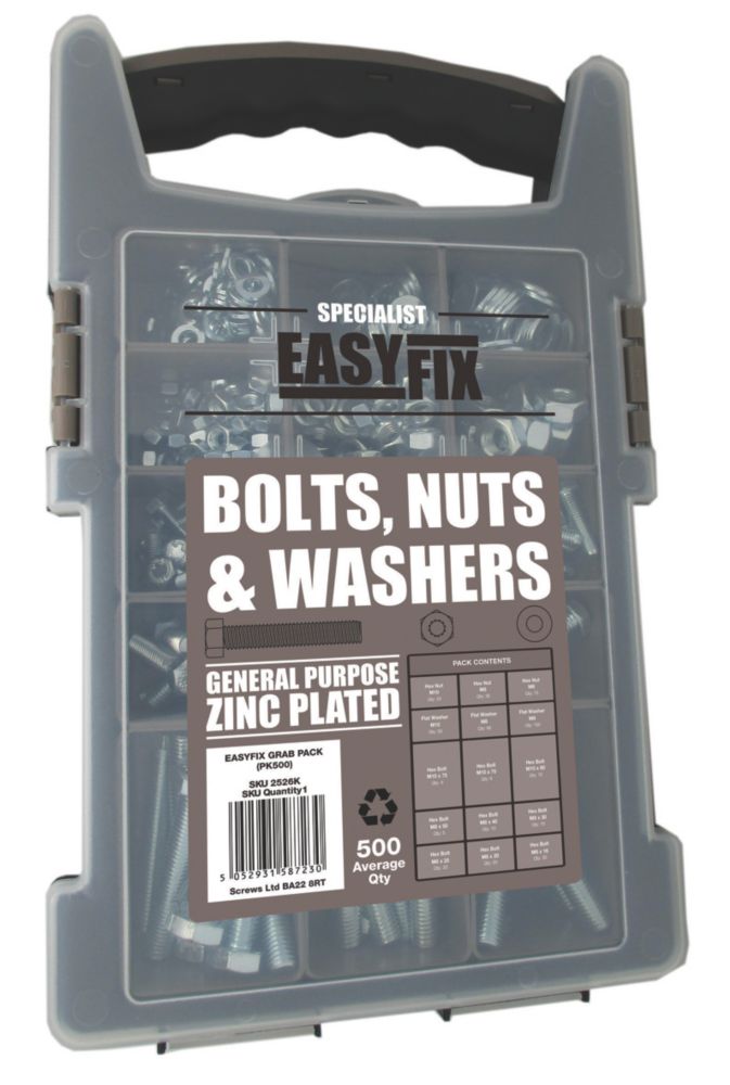 Easyfix Bright Zinc-Plated Mixed Bolts, Nuts & Washers Pack 500 Piece ...