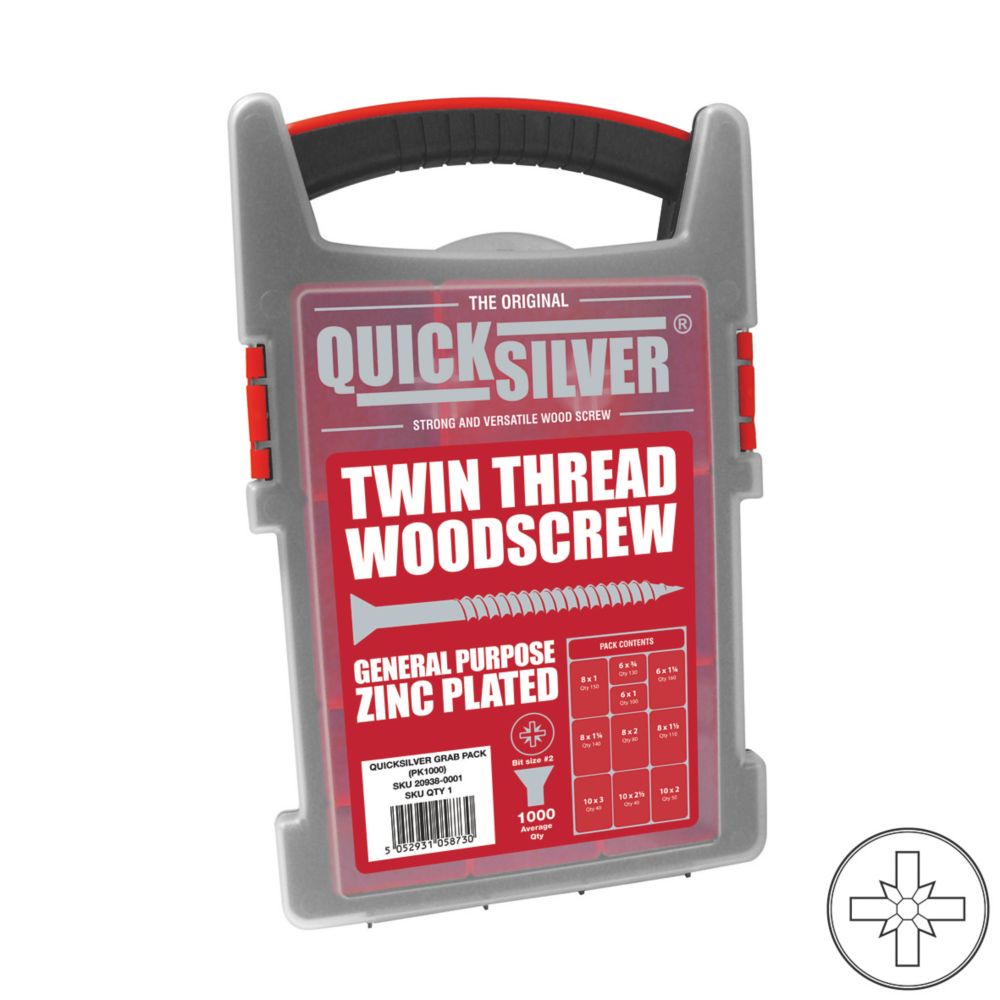 Quicksilver PZ Double-Countersunk Woodscrews Trade Case Grab Pack 1000 ...
