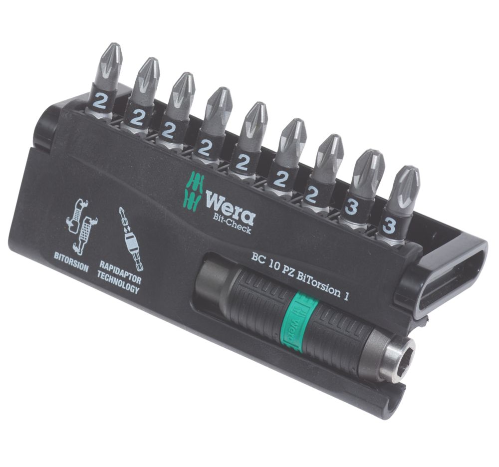 Wera Bit-Check 1/4" Hex Shank PZ BiTorsion Tough Screwdriver Bit Set 10 ...