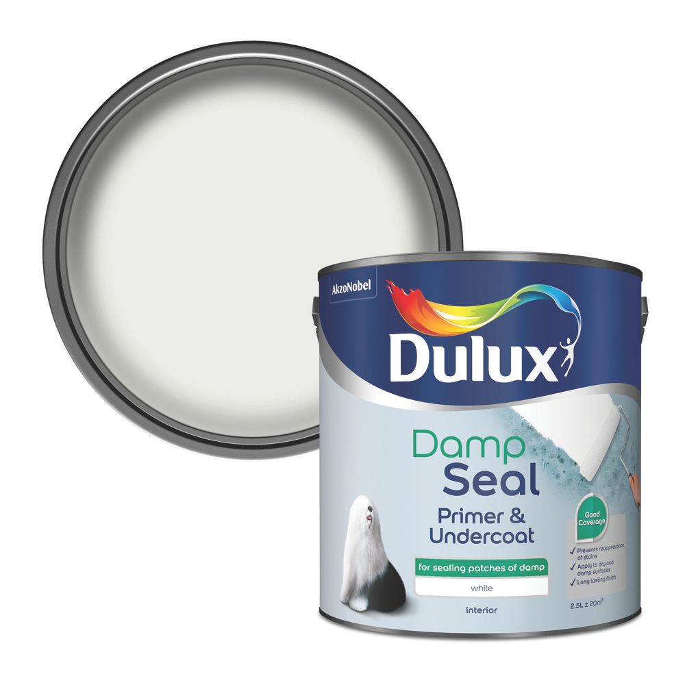 Dulux 2.5Ltr White Smooth Stain Block Paint - Screwfix