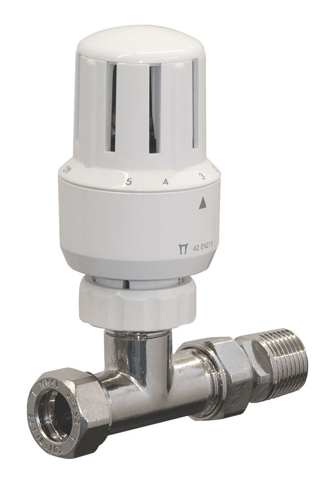 White Straight Thermostatic TRV & Lockshield 15mm x ½" | Thermostatic ...
