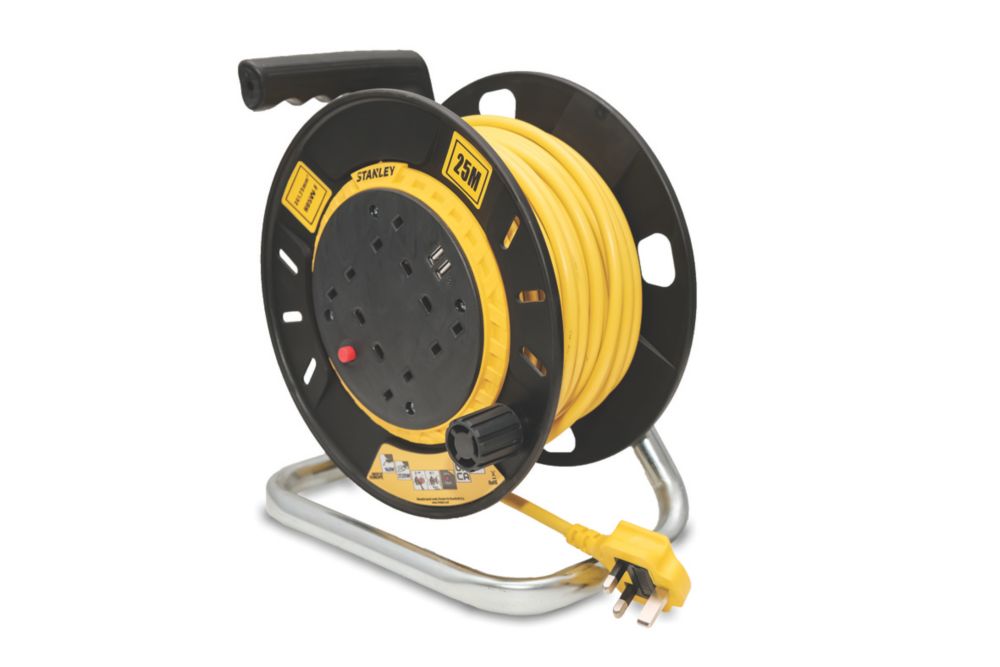 Stanley 13A 4-Gang 25m Cable Reel + 2.1A 2-Outlet Type A USB Charger ...