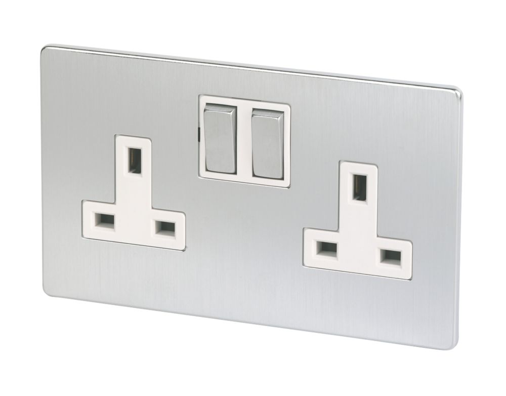 LAP 13A 2-Gang DP Switched Plug Socket Brushed Chrome with White ...