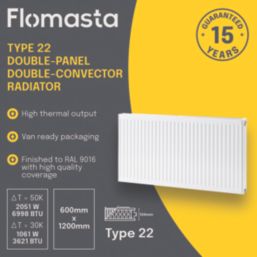 Flomasta 600mm x 1200mm 6998BTU White Type 22 Convector Radiator - Screwfix