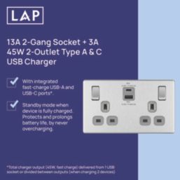 LAP 13A 2-Gang SP Switched Socket + 3A 45W 2-Outlet Type A & C USB ...