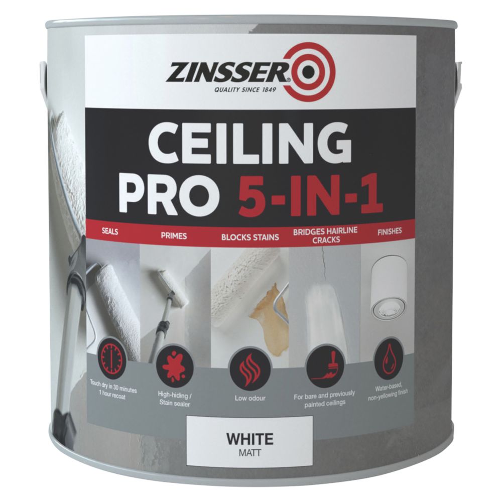 Zinsser 2.5Ltr White Matt Self Priming Ceiling Paint - Screwfix