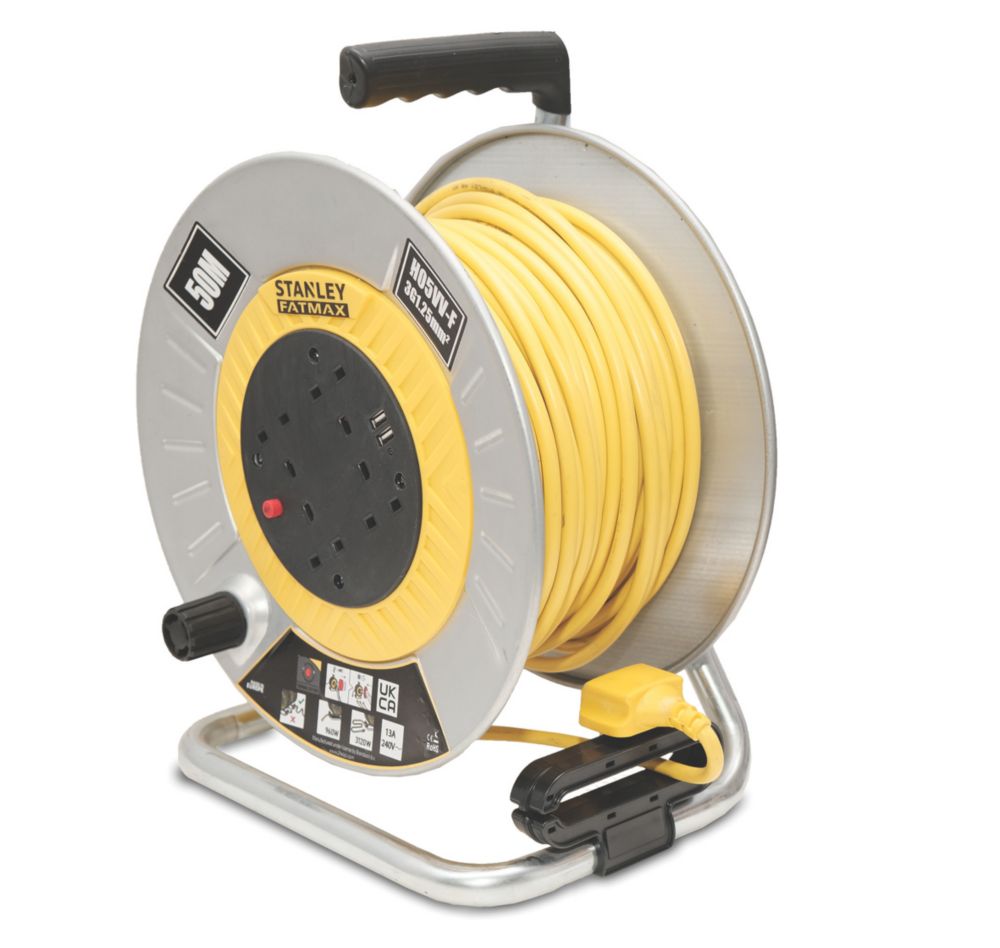 Stanley 13A 4-Gang 50m Faxtmax Cable Reel + 2.1A 2-Outlet Type A USB ...