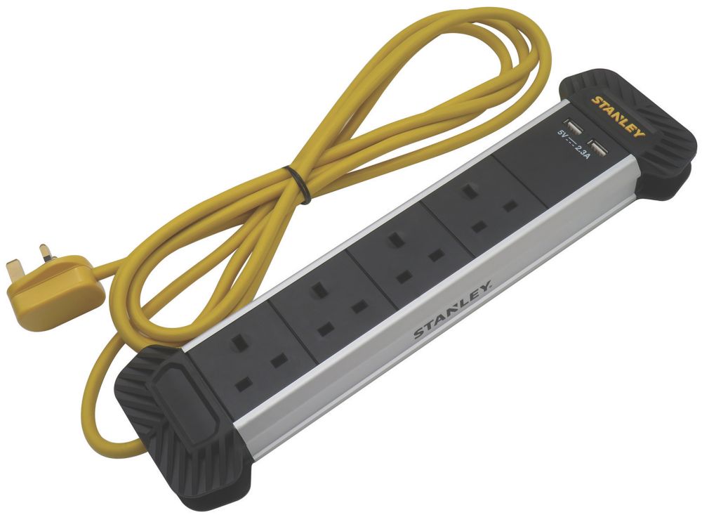 Stanley 13A 4-Gang Unswitched Power Strip + 2.3A 2-Outlet Type A USB ...