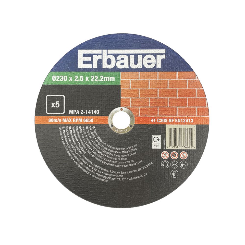 Erbauer Masonry Cutting Discs 230mm (9") x 22.2mm 5 Pack - Screwfix
