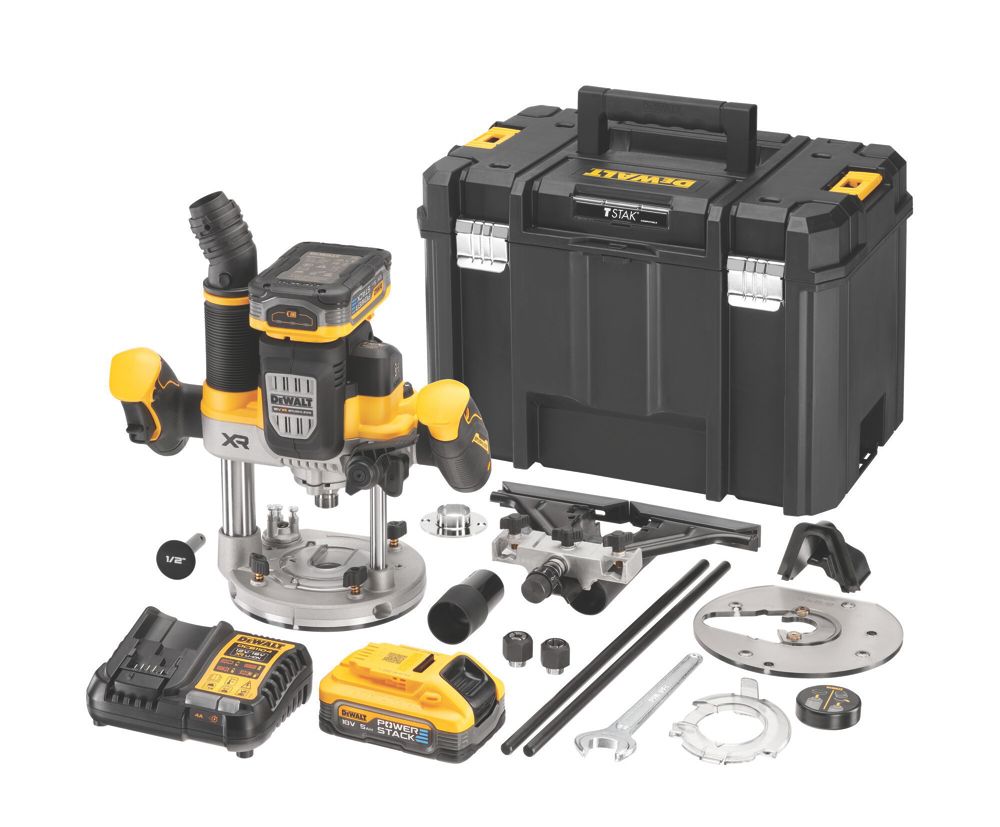 DEWALT DCW620H2-GB 18V 2 x 5Ah Li-Ion PowerStack 1/4" & 1/2" Brushless Cordless Plunge Router ...