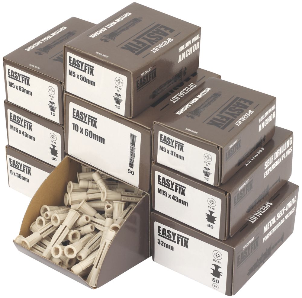 Easyfix Fixings Trade Pack 405 Piece Set | Plasterboard Wall Plugs ...