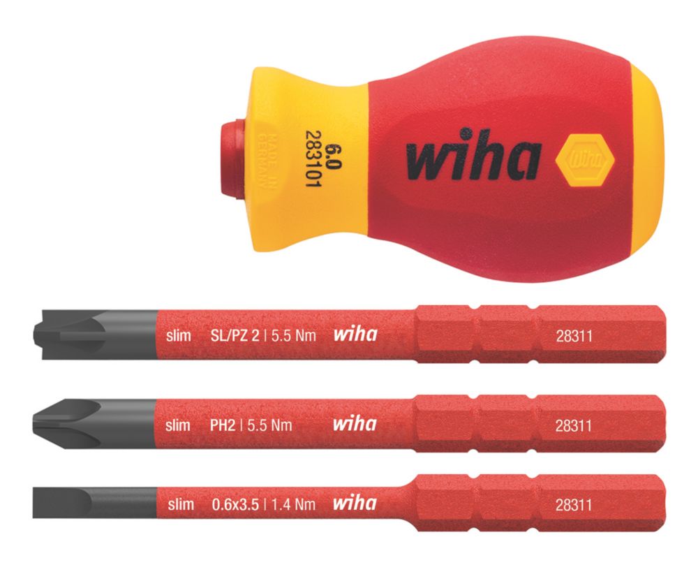 Wiha SlimVario VDE Stubby Screwdriver with Bits 4 Piece Set - Screwfix