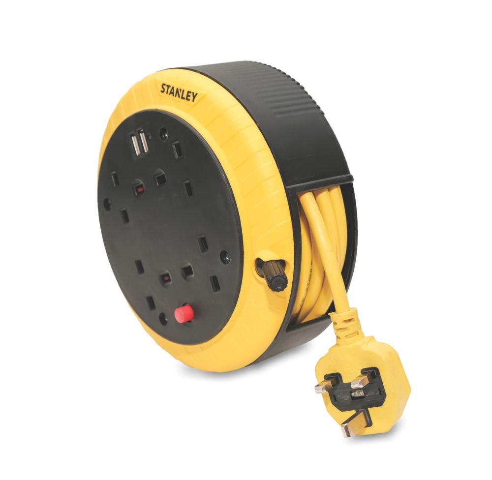 Stanley 13A 4-Gang 5m Cable Reel + 2.1A 2-Outlet Type A USB Charger ...