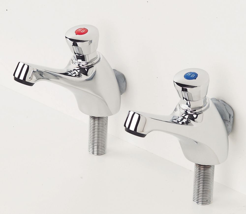 Chrome 99mm Self-Closing 2 Tap Holes Basin Pillar Tap - Screwfix