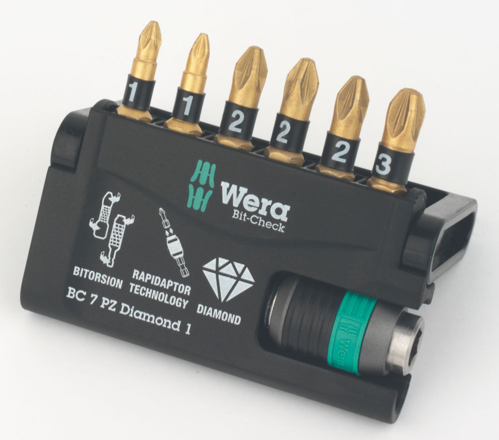 Wera Bit-Check 7 PZ Diamond 1 1/4" Hex Shank PZ Bit Set 7 Pieces - Screwfix