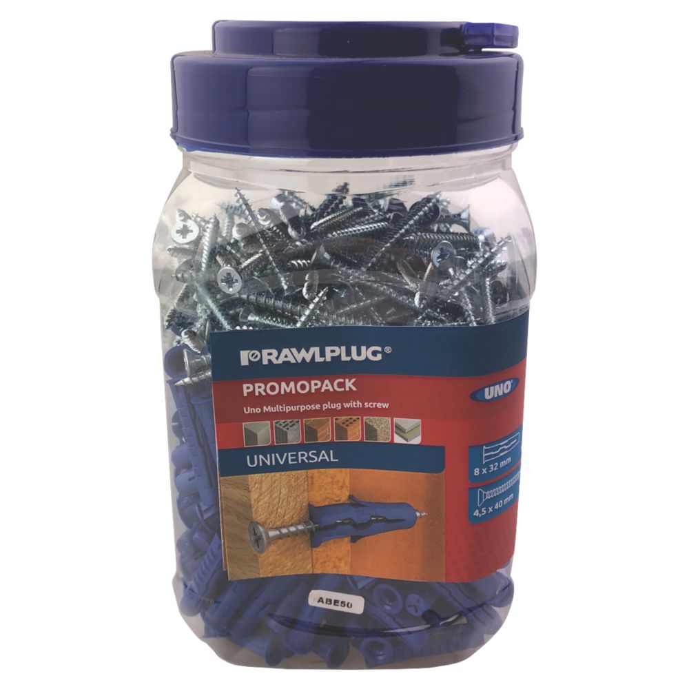 Rawlplug Uno Wall Plugs & Screws 8 x 40mm 300 Pack | Wall Plug Kits ...