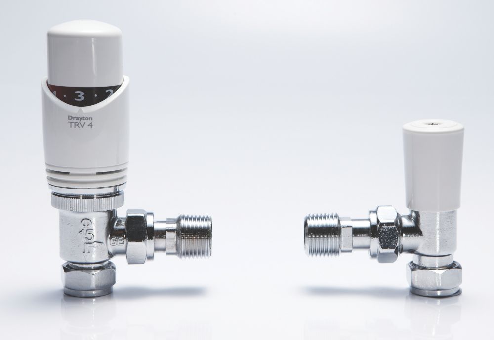 Drayton TRV4 15mm x 1/2" White Angled & L/S Designer Thermostatic Radiator Valve & Lockshield ...