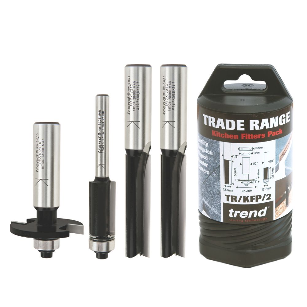Trend 1/4 & 1/2" Shank Kitchen Fitters Router Set 4 Pcs - Screwfix