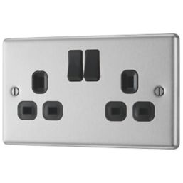 LAP 13A 2-Gang SP Switched Plug Sockets Brushed Stainless Steel with ...