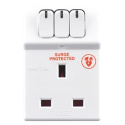 Masterplug 13A Fused 3-Way Surge-Protected Plug Adaptor White - Screwfix