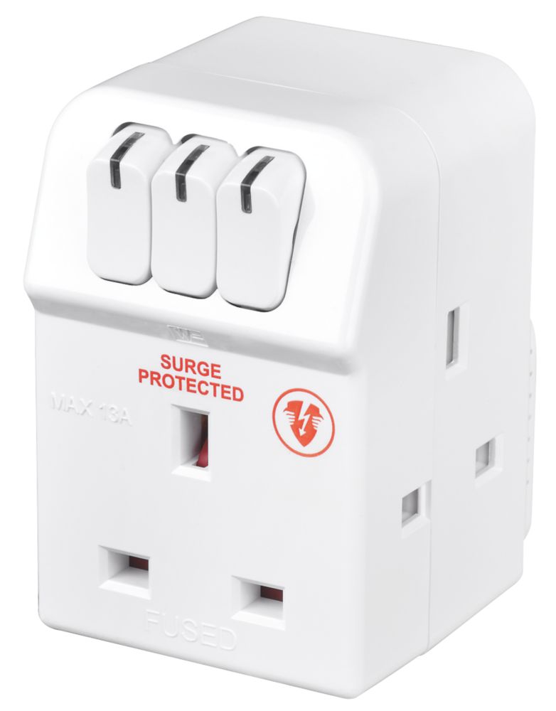 Masterplug 13A Fused 3-Way Surge-Protected Plug Adaptor White - Screwfix