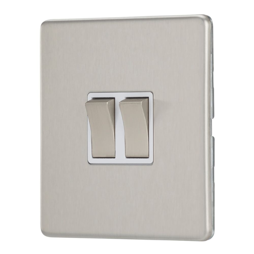 Contactum Lyric 10AX 2-Gang 2-Way Light Switch Brushed Steel with White ...