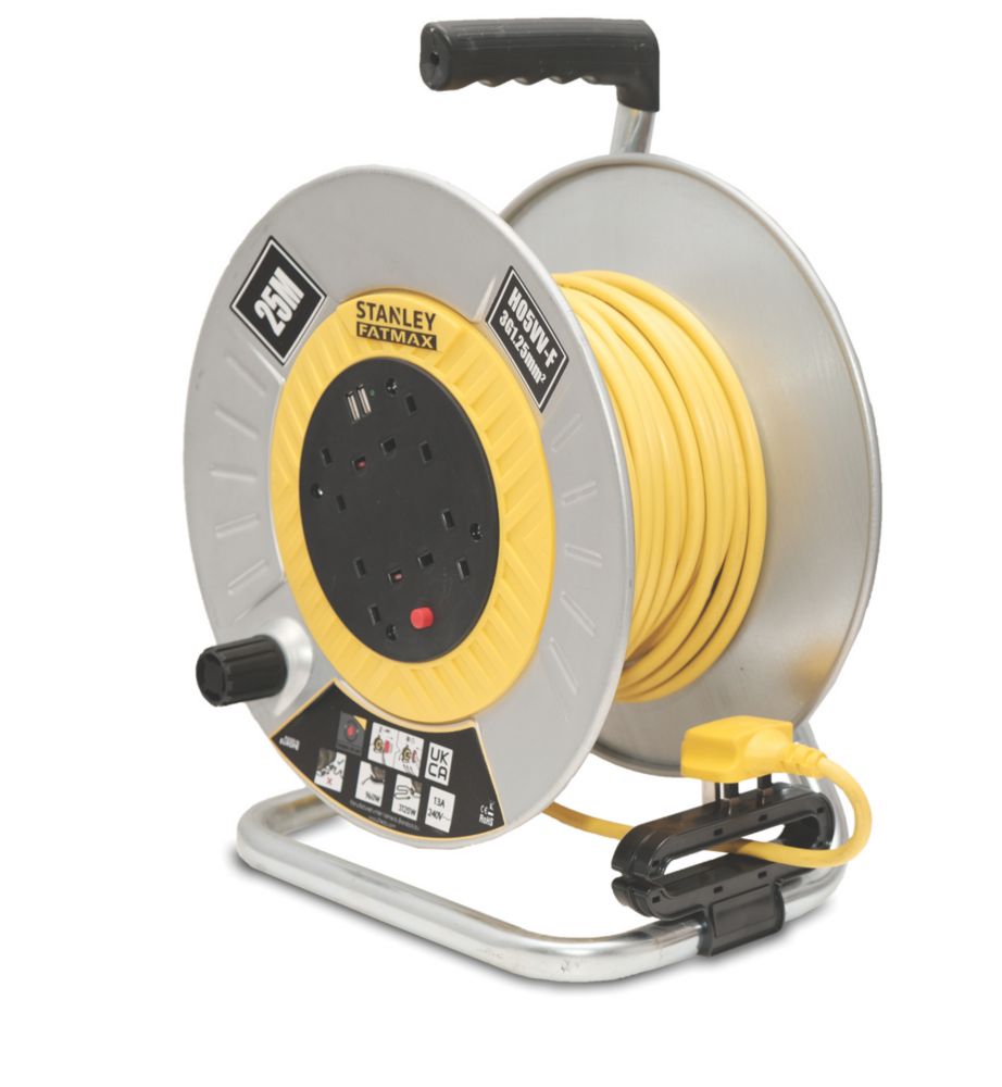 Stanley 13A 4-Gang 25m Faxtmax Cable Reel + 2.1A 2-Outlet Type A USB ...