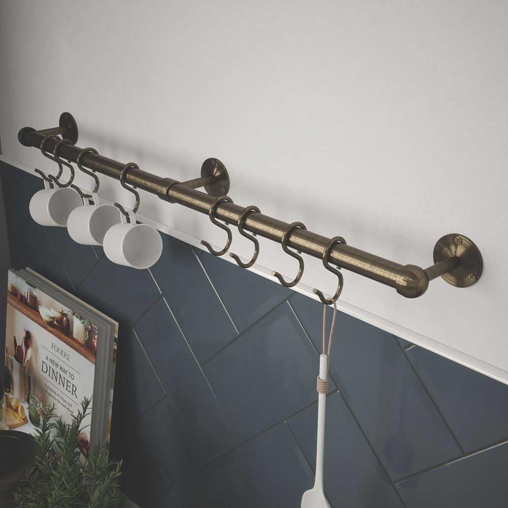 Rothley 8-Hook Utensil Rail Kit Antique Brass 600mm - Screwfix