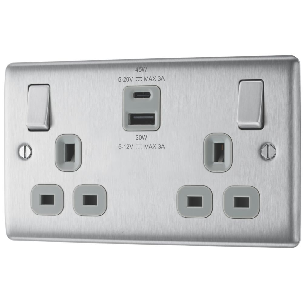 British General Nexus Metal 13A 2-Gang SP Switched Socket + 3A 45W 2 ...