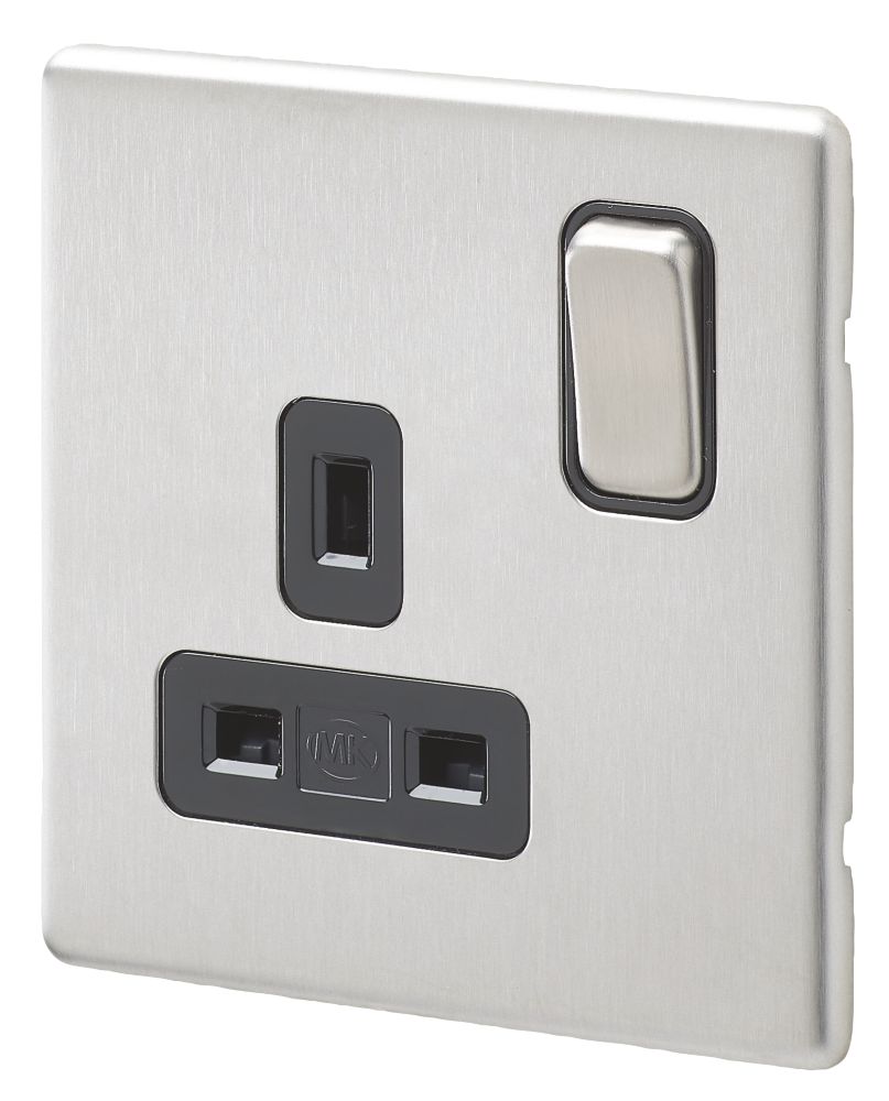 MK Aspect 13A 1-Gang DP Switched Plug Socket Brushed Stainless Steel ...