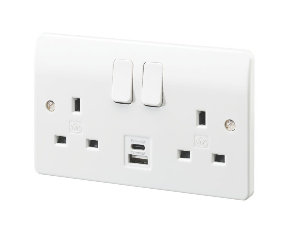MK Logic Plus 13A 2-Gang DP Switched Socket + 3A 15.5W 2-Outlet Type A ...