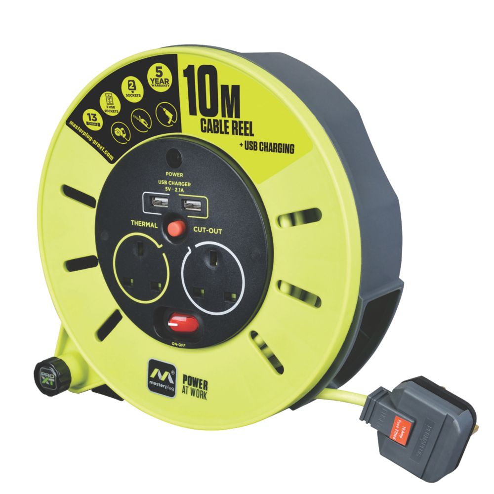 PRO XT 13A 2-Gang 10m Cable Reel + 2.1A 2-Outlet Type A USB Charger ...