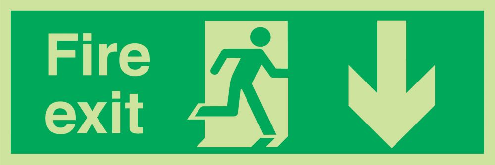 Nite-Glo Photoluminescent "Fire Exit" Down Arrow Sign 150mm x 450mm ...
