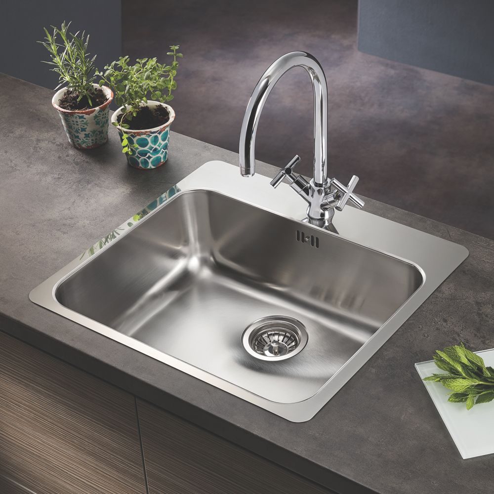 Swirl 1 Bowl Stainless Steel Kitchen Sink Grey 560mm x 520mm - Screwfix