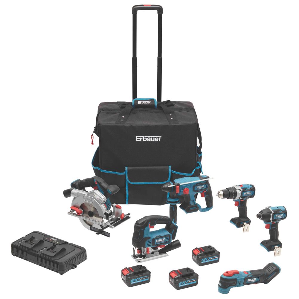 Erbauer E18-6KA 18V 3 x 4.0Ah Li-Ion EXT Brushless Cordless 6 Piece Kit ...