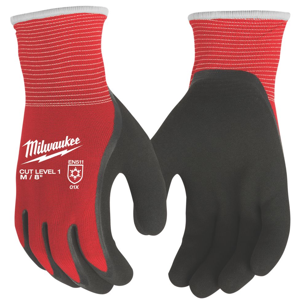 Milwaukee Winter Cut Level 1 Gloves Red/Black Large - Screwfix